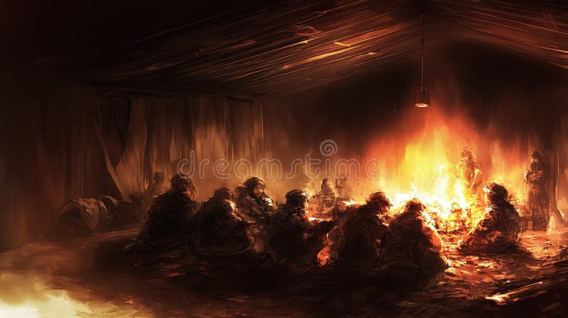 Soldiers Around Campfire at Night Stock Image - Image of cold, soldiers ...