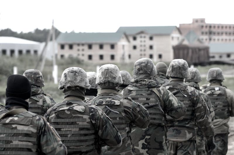 Soldiers with Assault Rifles from the Back Stock Photo - Image of ...