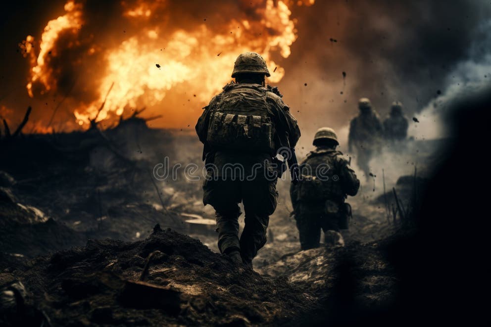 Soldiers on battlefield stock illustration. Illustration of destroy ...