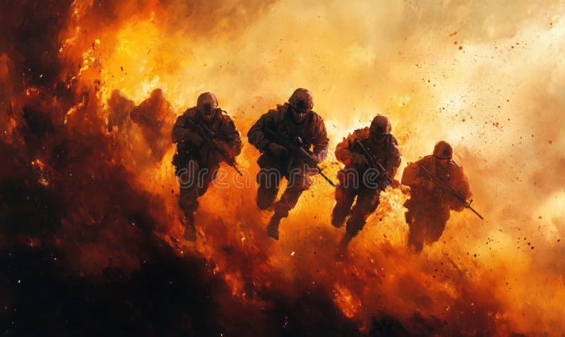 Soldiers Charging through Flames in Dramatic War Scene with Intense ...