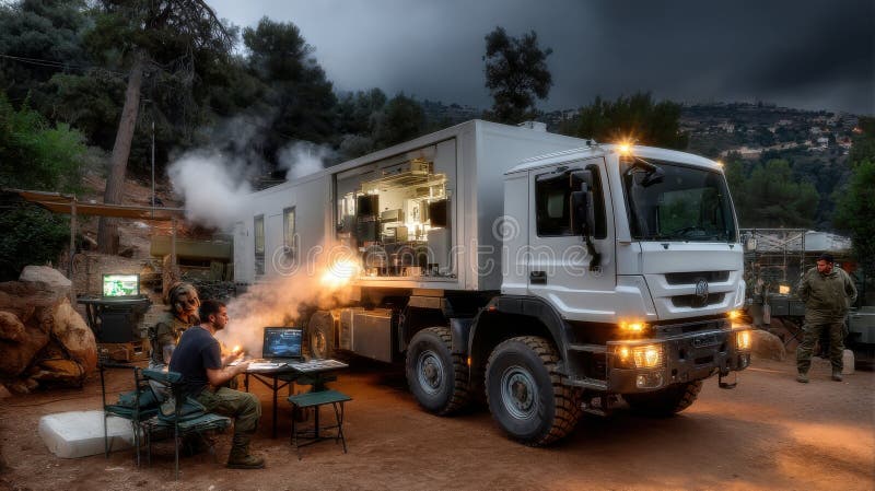 Soldiers Coordinate Inside a Field Mobile Command Truck Equipped with ...