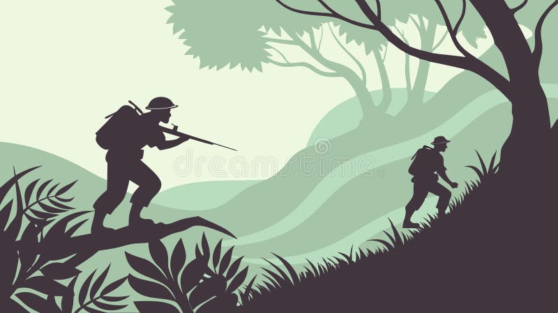 Soldiers in Forest Vector Illustration, Covert Operations in Wilderness ...