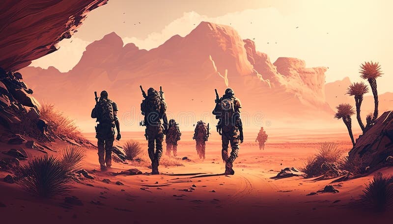 Soldiers Marching in the Desert with Weapons Stock Illustration ...