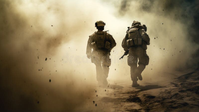Soldiers are Marching through Dusty, Challenging Terrain Under ...