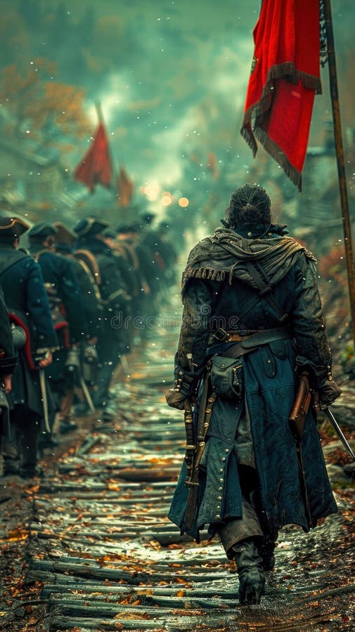 Soldiers Marching with Red Flags in Misty Forest. Generative Ai Stock ...