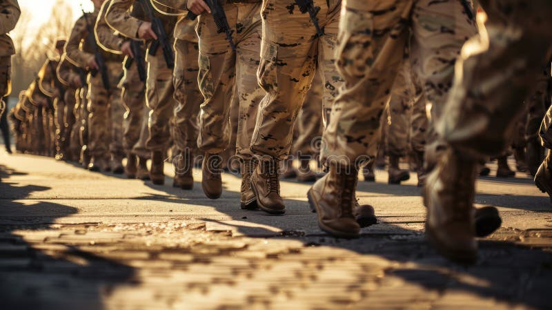 Soldiers marching in step stock illustration. Illustration of service ...