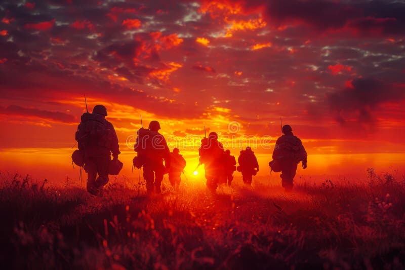 Soldiers Marching at Sunset in the Field. Stock Image - Image of ...