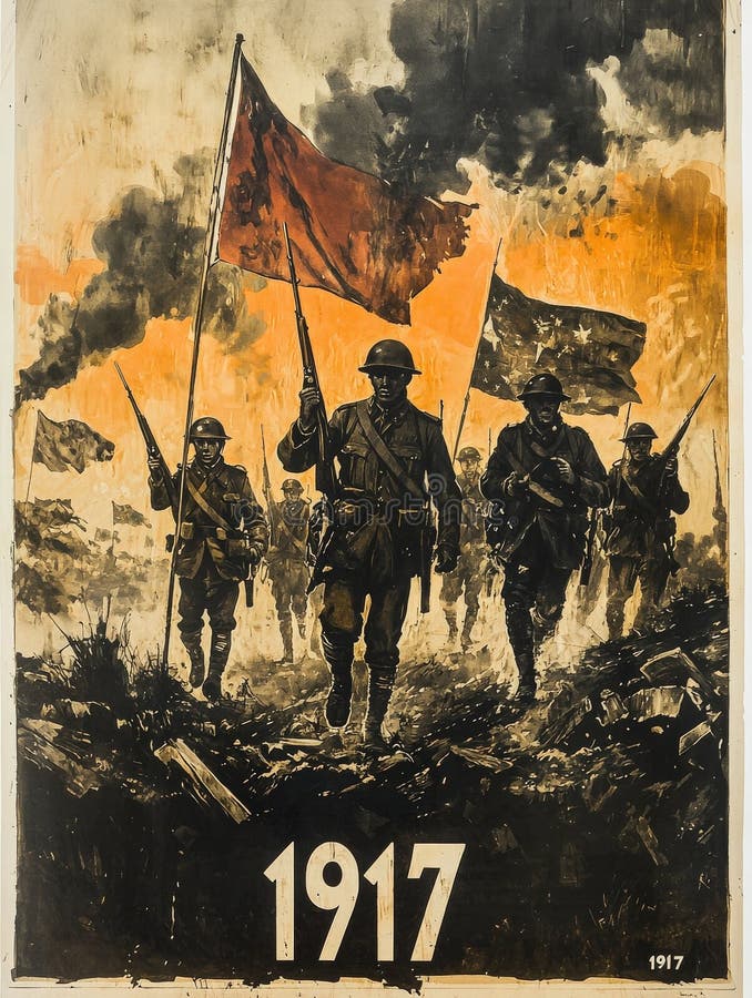 Soldiers Marching through a War-torn Landscape with Flags in a Dramatic ...