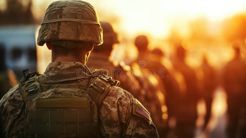 Soldiers in Military Uniforms Lined Up at Sunset, Symbolizing Unity ...