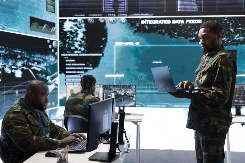 Soldiers in a Modern Command Center Analyze Live Data from Cctv Radar ...