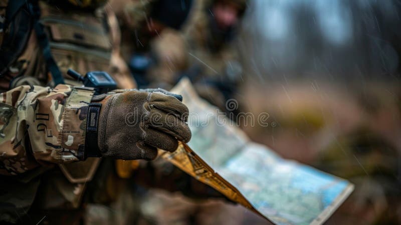 Soldiers Navigating Terrain with a Map during Training Exercise in a ...