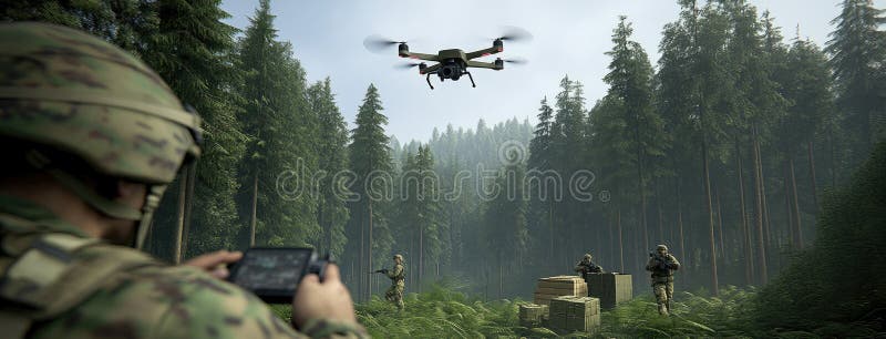 Soldiers Operate a Drone in the Dense Woods during a Military Exercise ...