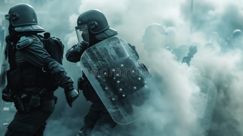 Soldiers in Protective Gear, Masks, and Shields Standing in Thick Smoke ...