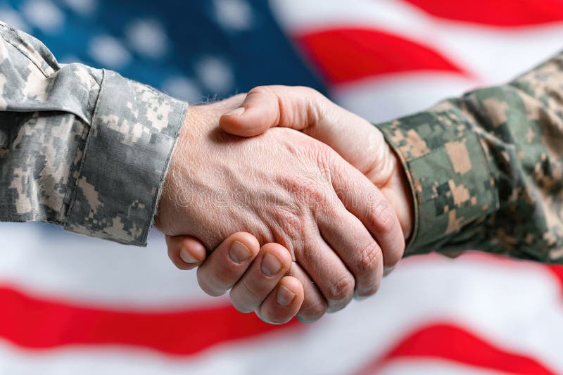 Soldiers Shaking Hands Over American Flag. Generative Ai Stock Photo ...