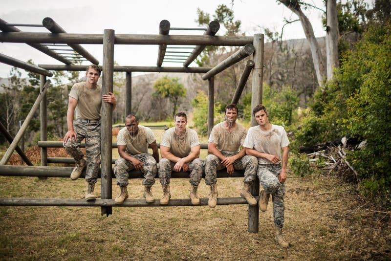 Soldiers Sitting on the Obstacle Course in Boot Camp Stock Photo ...