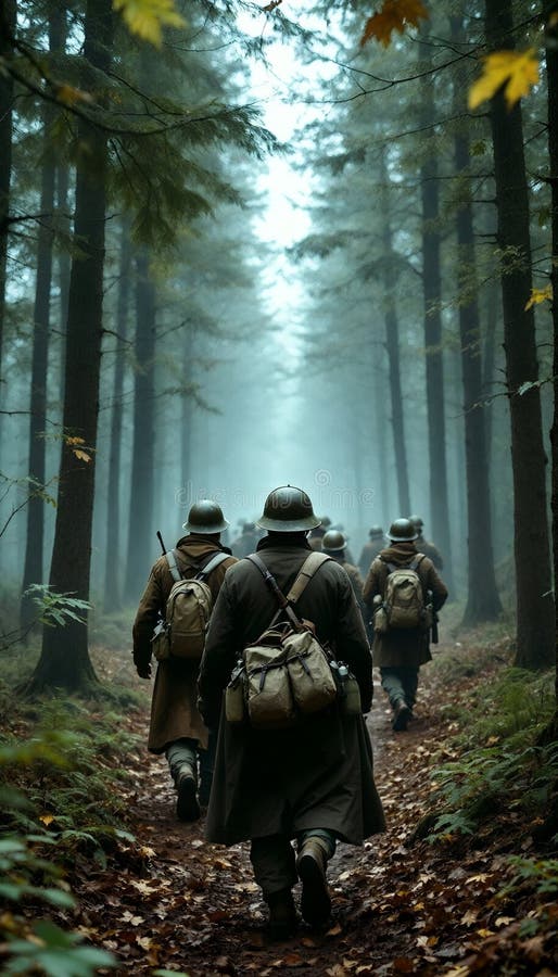 Soldiers Walking through Dense Forest Path Stock Illustration ...