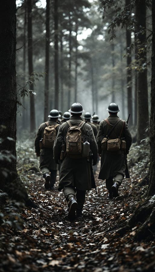 Soldiers Walking through Dense Forest Path Stock Illustration ...