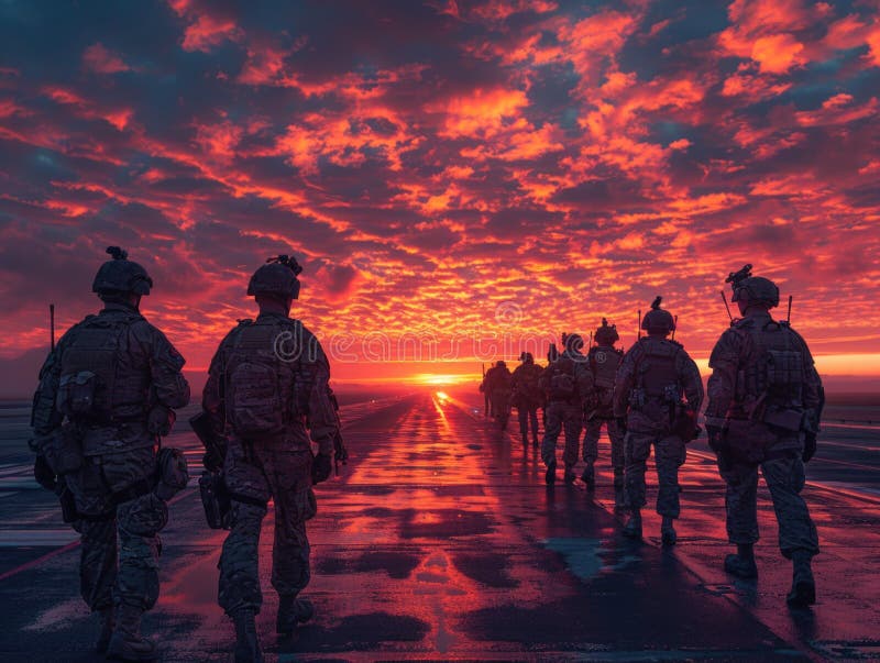 Soldiers Walking Down Runway at Sunset. Generative AI Stock Image ...