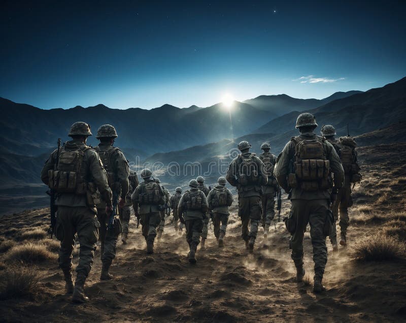 Soldiers Walking on a Mountain Path with Sunlight Rays Breaking through ...