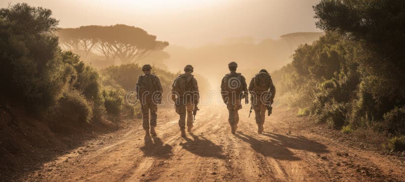 The Soldiers Walking Together on a Dusty Path during Golden Hour. AI ...