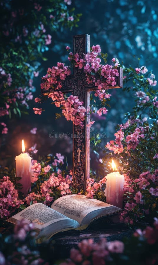 A Solemn Table Setting Featuring a Cross, a Book, and Flickering ...