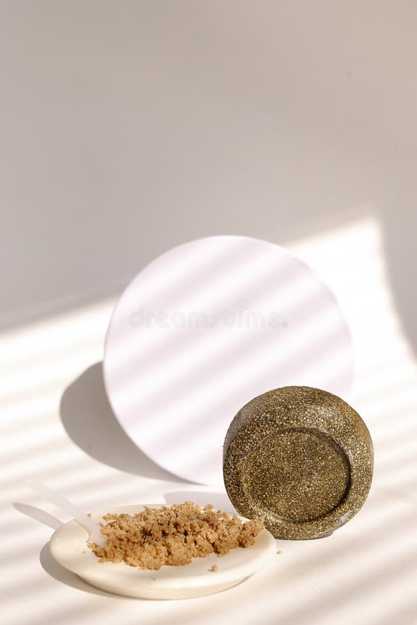 Solid Bars of Soap and Clay Powder on Plate, Striped Shadow Backround ...