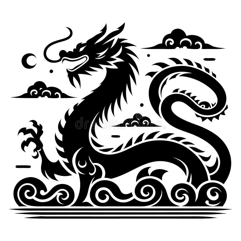 Solid Black Chinese Dragon Icon on White Background for Design and ...
