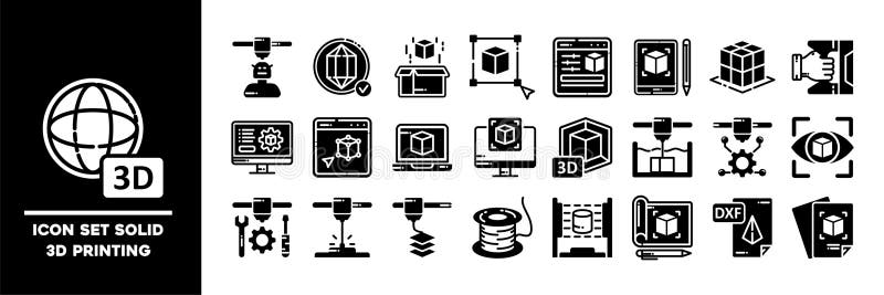 Solid Black 3D Printing Icons Representing Tools and Concepts in ...