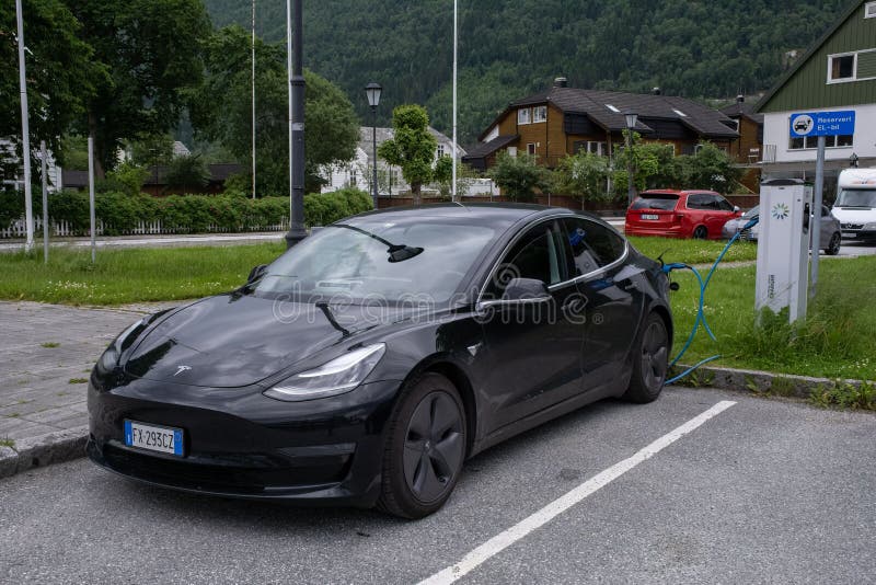 Solid Black Tesla Model 3 Charging at the Nordfjordeid Municipality AC ...