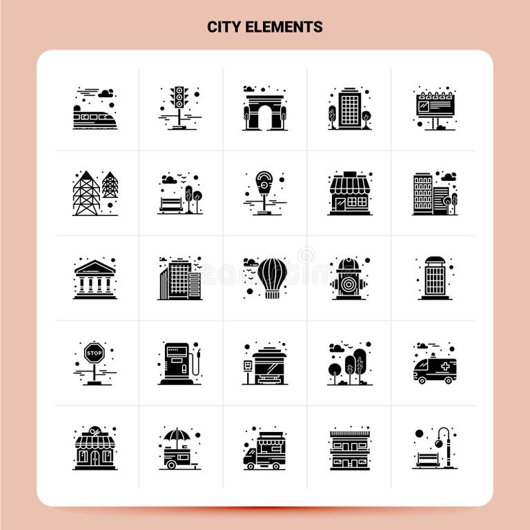 Solid 25 City Elements Icon Set. Vector Glyph Style Design Black Icons ...