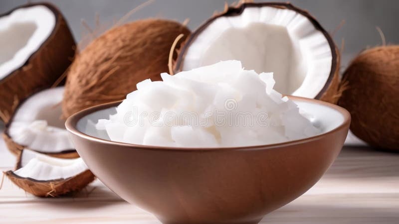 Coconut Oil in Brown Bowl with Whole and Broken Coconuts on White Table ...