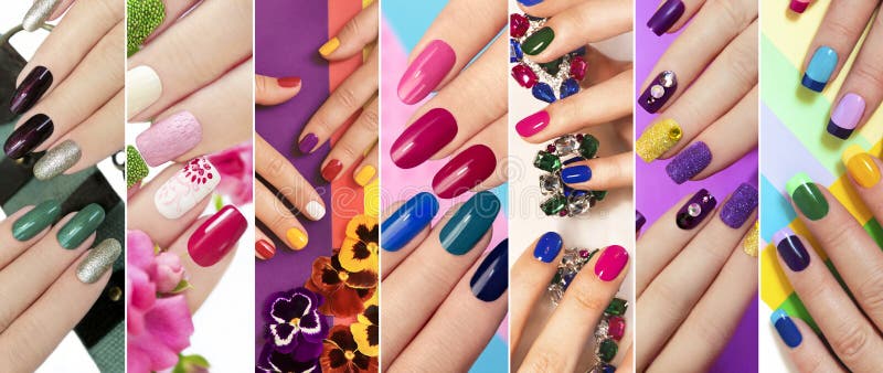 Solid Color Manicure with Bright Nail Polishes. Stock Image - Image of ...
