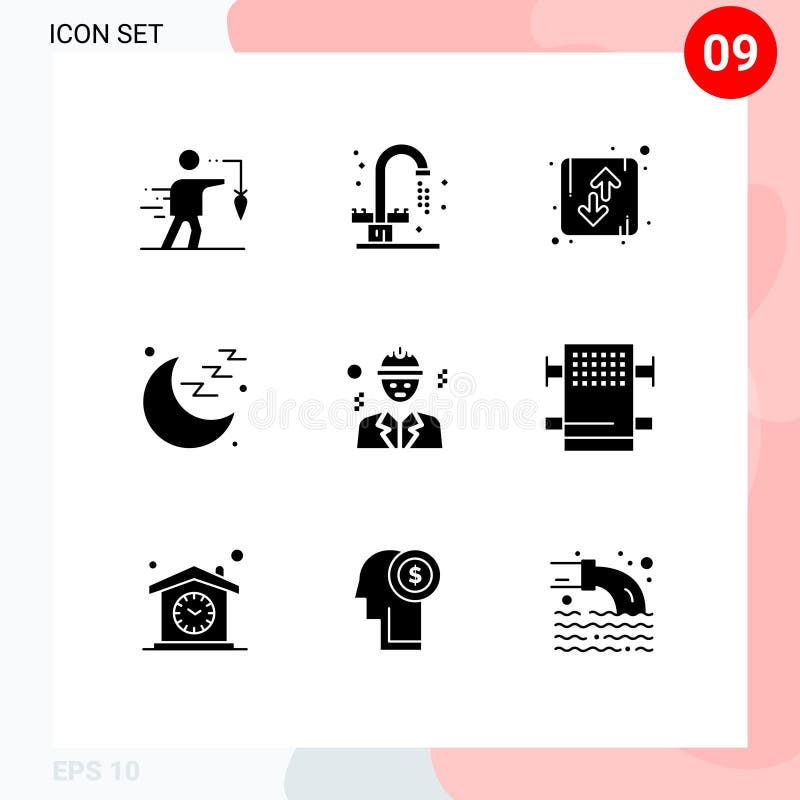 Solid Glyph Pack of 9 Universal Symbols of Avatar, Moon, Sink, Medical ...