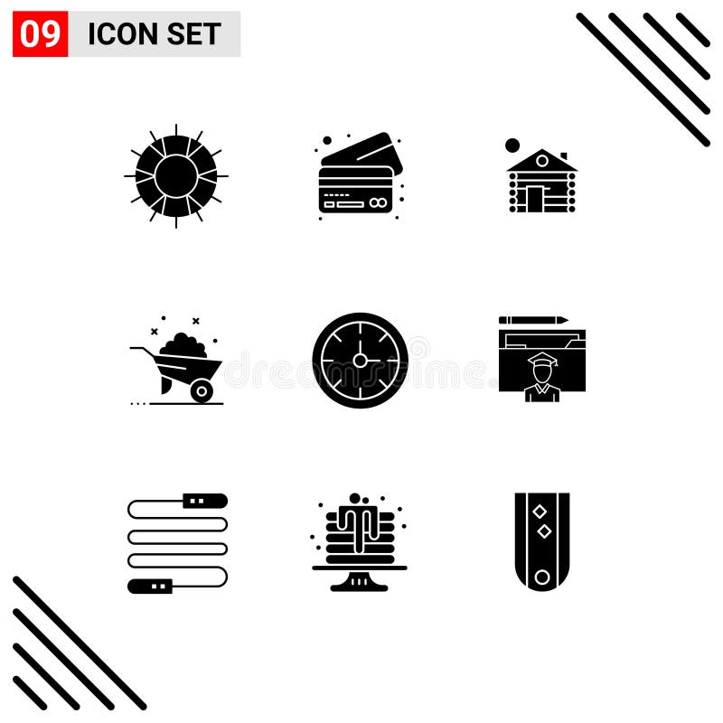 Solid Glyph Pack of 9 Universal Symbols of Clock, Spring, Hotel, Wheel ...