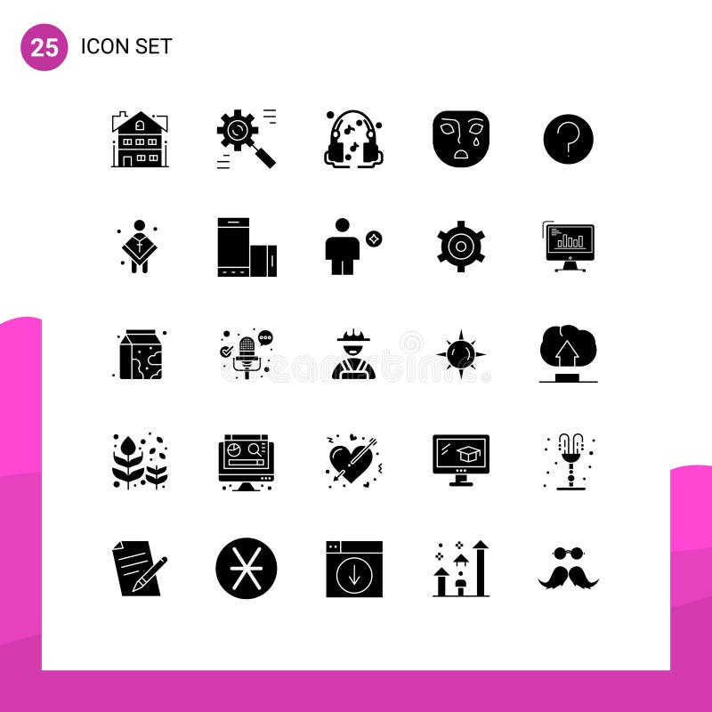 Solid Glyph Pack of 25 Universal Symbols of Help, Sad, Process, Mask ...