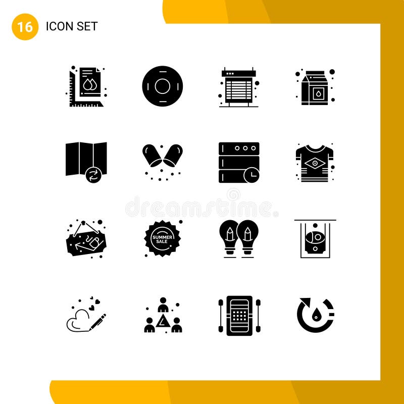 Solid Glyph Pack of 16 Universal Symbols of Map, Package, Symbols, Milk ...
