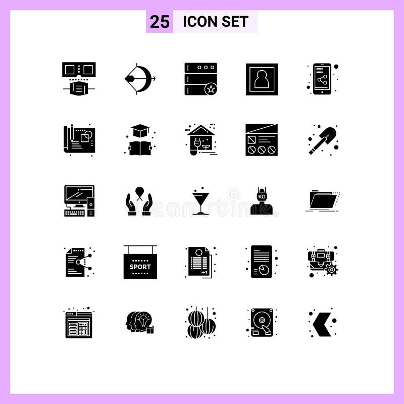 Solid Glyph Pack of 25 Universal Symbols of Share Mobile, Share, Database, Portrait ...