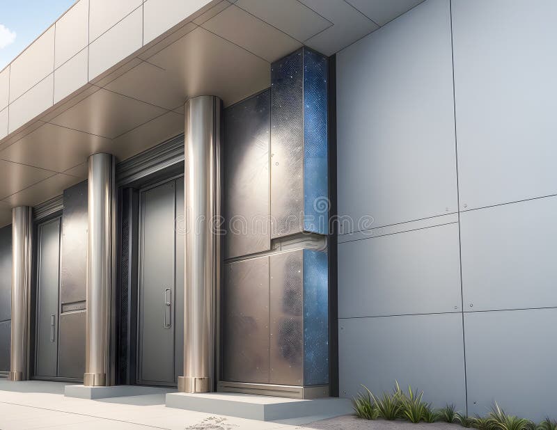 A Solid Heavy Steel Cybernetic Gate in the Metallic Wall. Futuristic ...