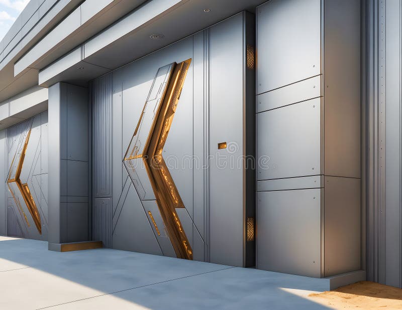 A Solid Heavy Steel Cybernetic Gate in the Metallic Wall. Futuristic ...