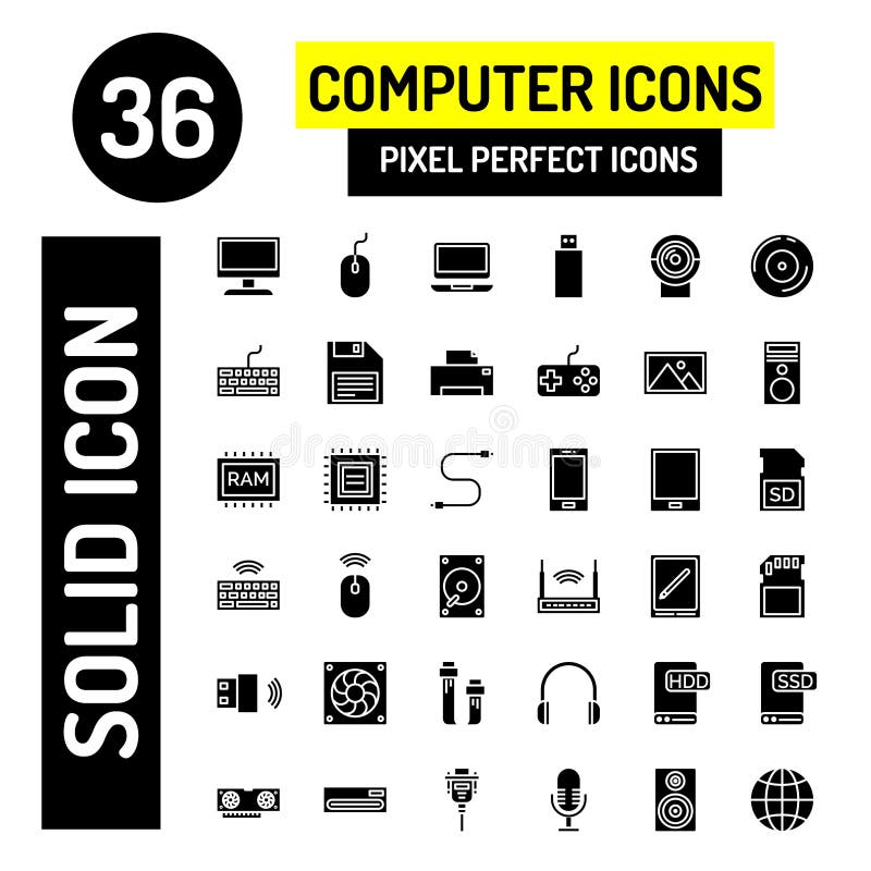 36 Solid Icon Set Computer Components Symbol Vector Sign Isolated ...