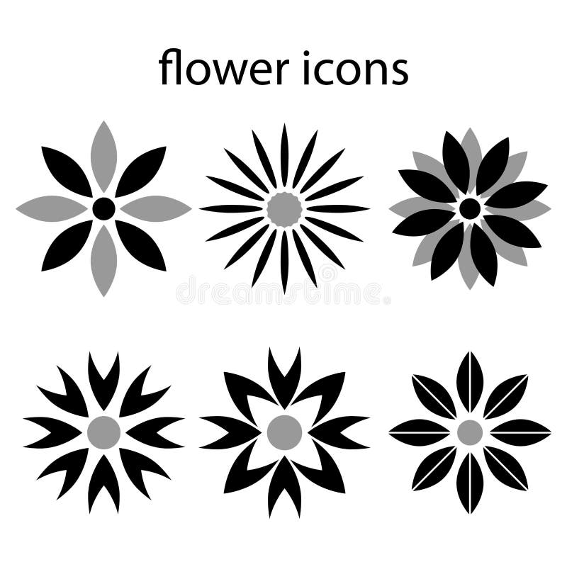 Solid Icons Flowers Set on White Background Vector Illustrations Stock ...