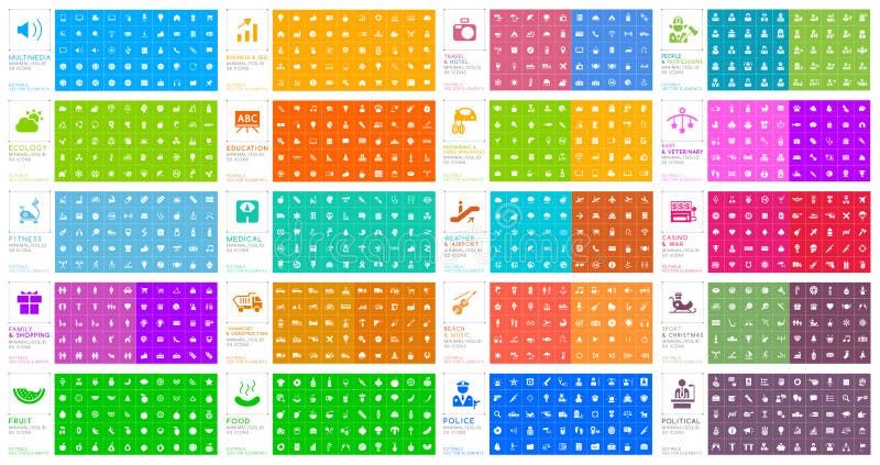 Set of 1000 Universal Solid Icons on Color Background . Isolated Vector ...