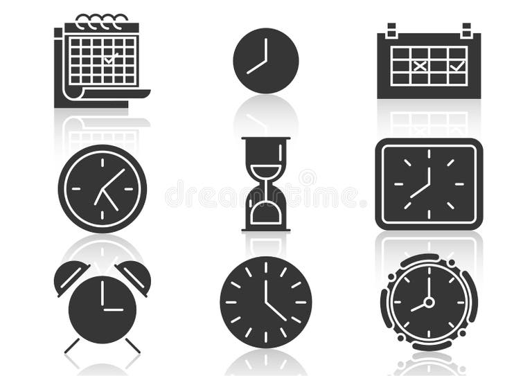 Solid Icons Set, Clock, Calendar, Sand Clock and Shadow. Vector ...