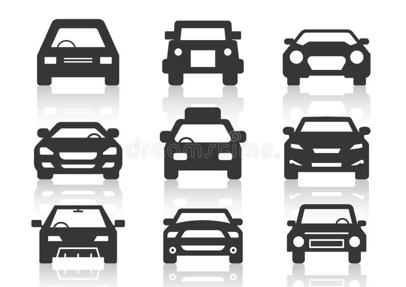 Solid Icons Set, Transportation, Black Car Front and Shadow, Vector ...