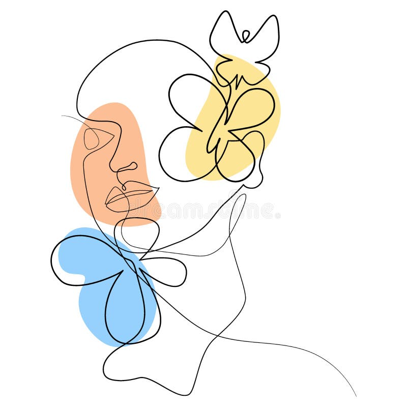 Solid Line Outline Drawing of a Womans Face with Floral Butterflies and ...