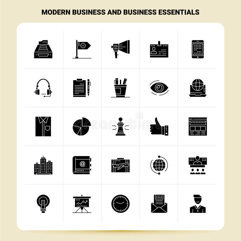 Solid 25 Modern Business and Business Essentials Icon Set. Vector Glyph ...