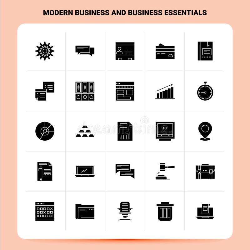 Solid 25 Modern Business and Business Essentials Icon Set. Vector Glyph ...
