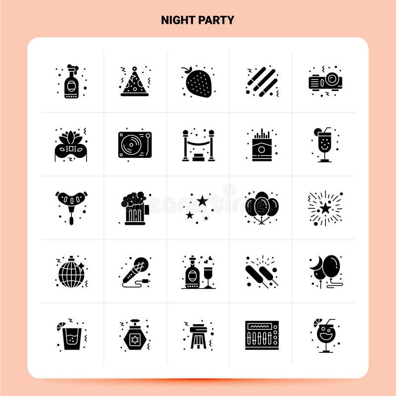 Solid 25 Night Party Icon Set. Vector Glyph Style Design Black Icons ...
