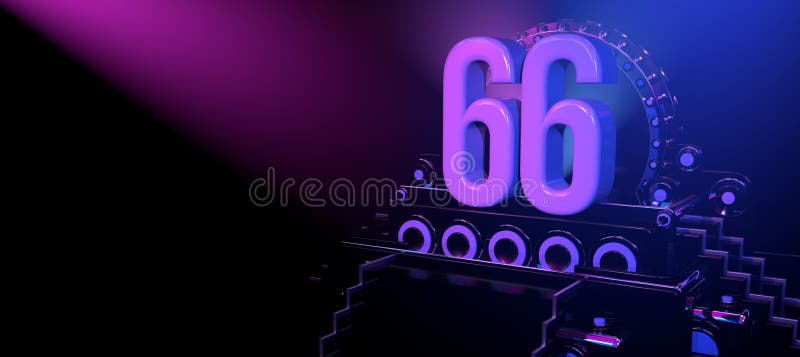 Solid Number 66 on a Reflective Black Stage Illuminated with Blue and ...