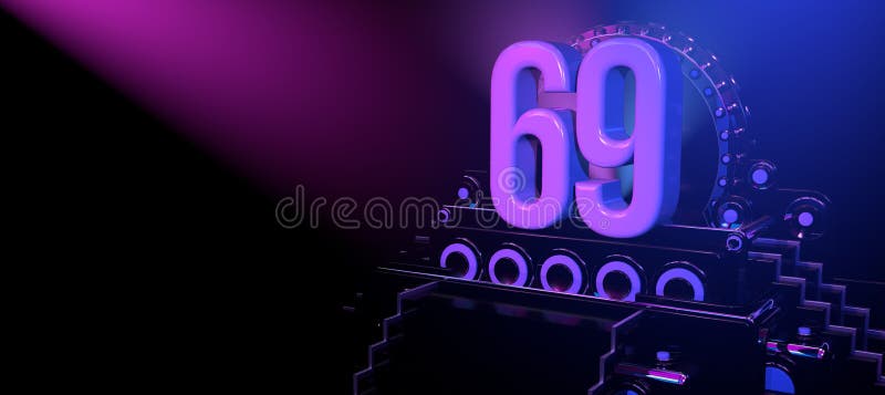 Solid Number 69 on a Reflective Black Stage Illuminated with Blue and ...